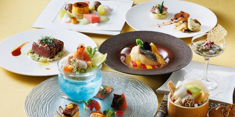 THE DINING シノワ 唐紅花＆鉄板フレンチ 蒔絵／浅草ビューホテル27F 【中華＆フレンチ】贅沢シェフコラボフルコース全7品＋シャンパン＋カフェ（窓際ペアシート確約） ディナー プラン ...