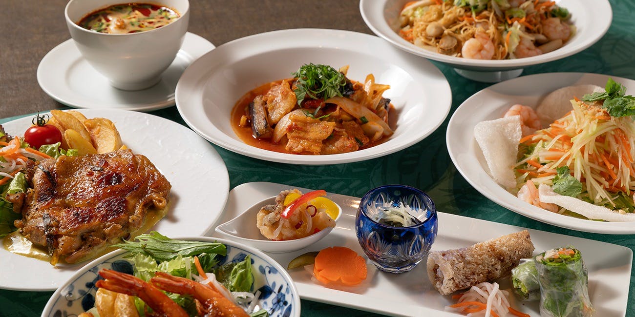 DDSK サイゴン キッチン 【アオザイコース】前菜、海老の水餃子スープ、本日の炒め等7品＋スパークリング含む2時間飲み放題 ディナー プラン ...